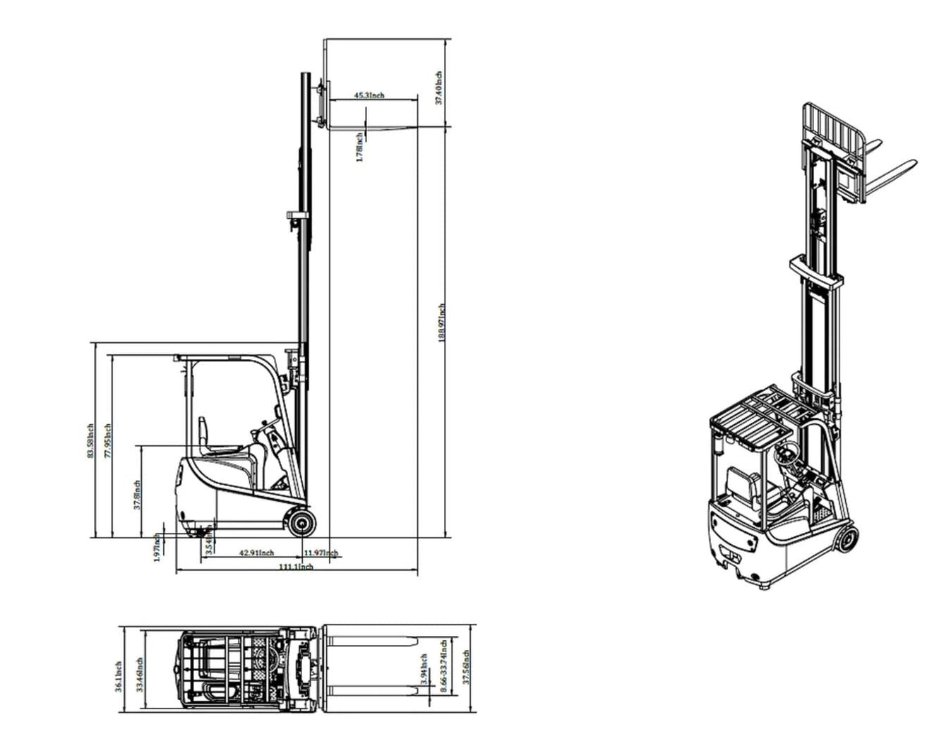 3-Wheel Electric Forklift 3300 lbs, 189" Lift | Ekko EK15A-189LI ...